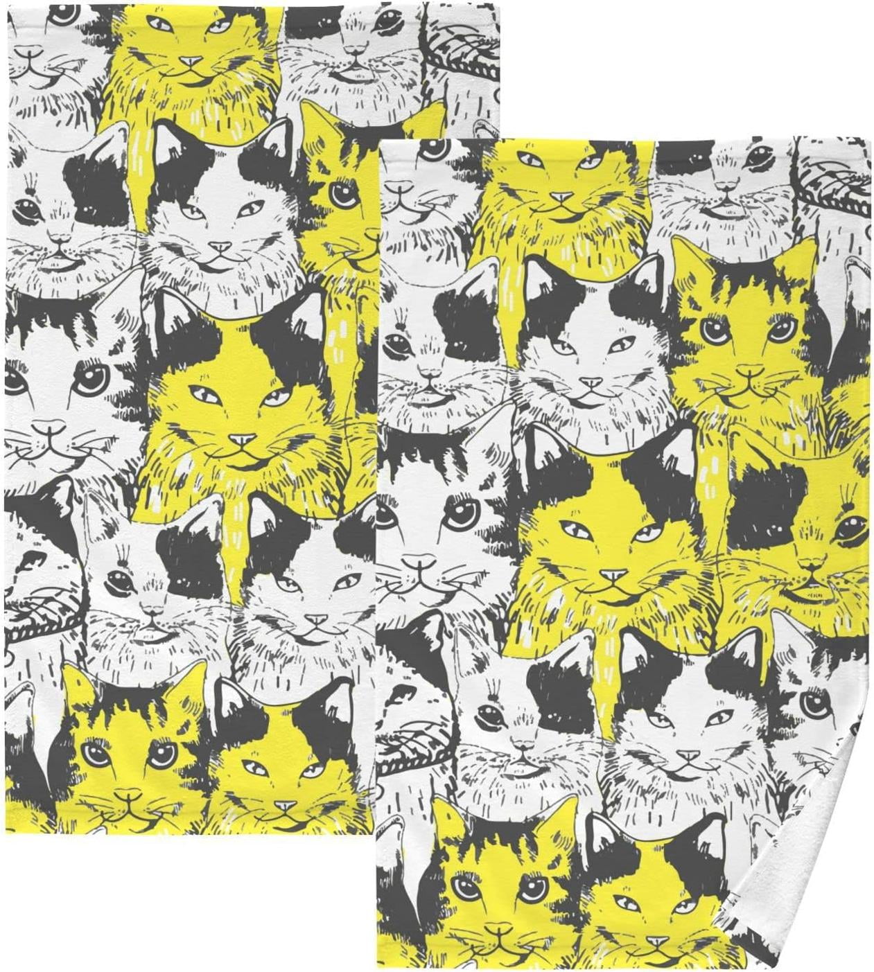 Coolnut Yellow White Cats Patterned Hand Towels 2 PCS, Cotton Bath ...
