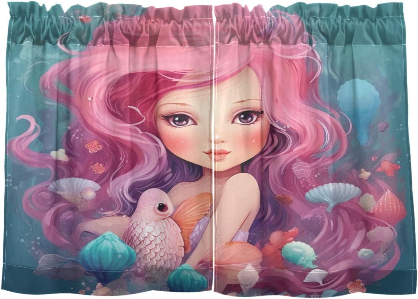 Coolnuti Pink Mermaid Girl Valances for Windows 24 Inch Small Window ...