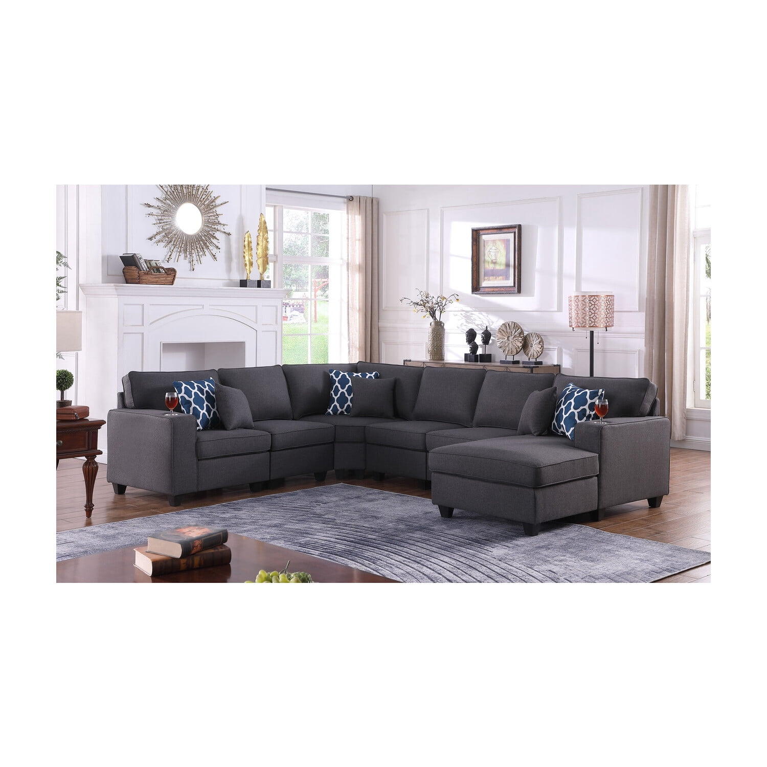Cooper Dark Gray Linen Fabric 6Pc Modular Sectional Sofa Chaise with Cupholder - Walmart.com