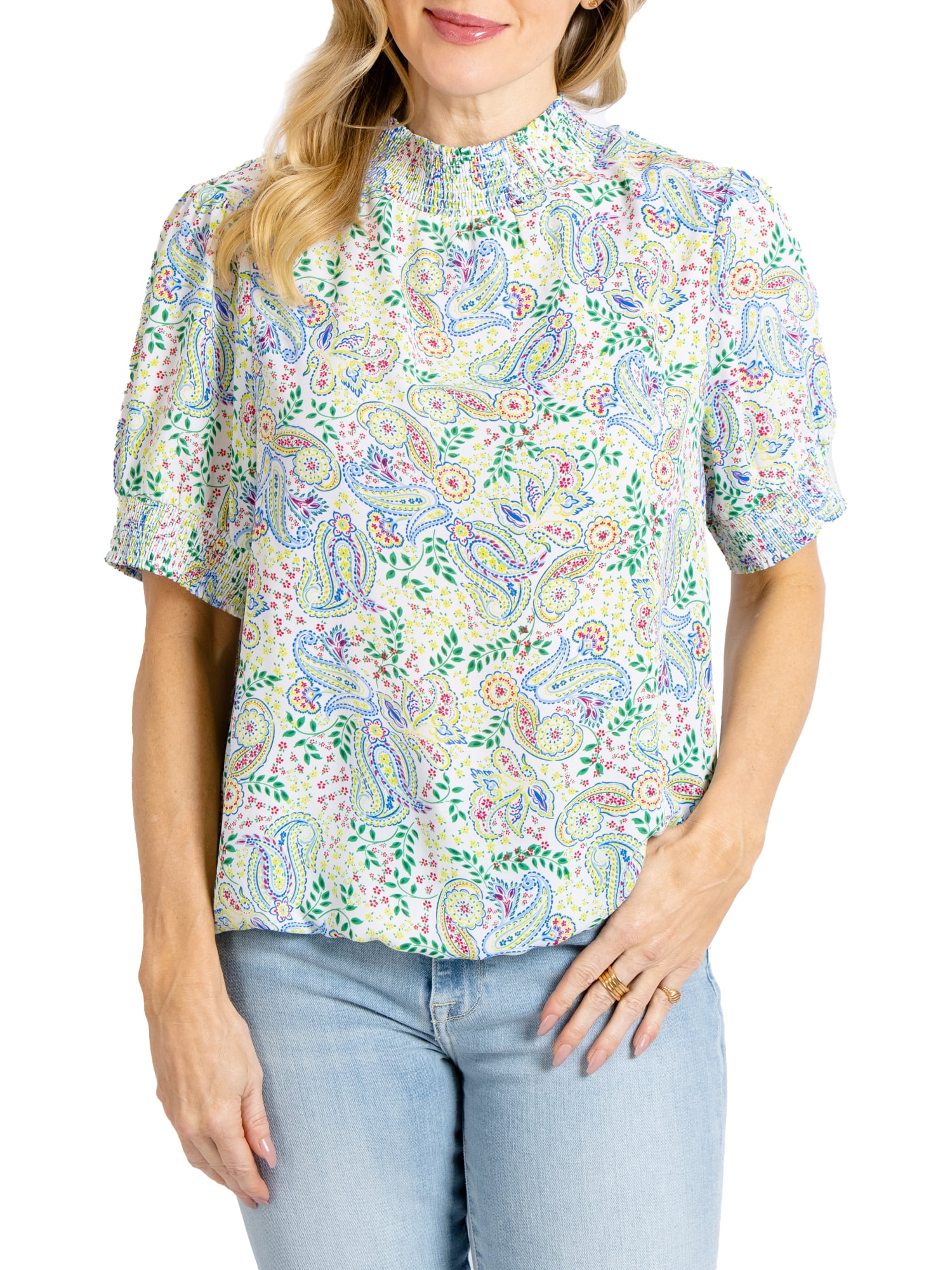 Cooper & Ella Women's Smocked Neck Short Sleeve Blouse - Walmart.com