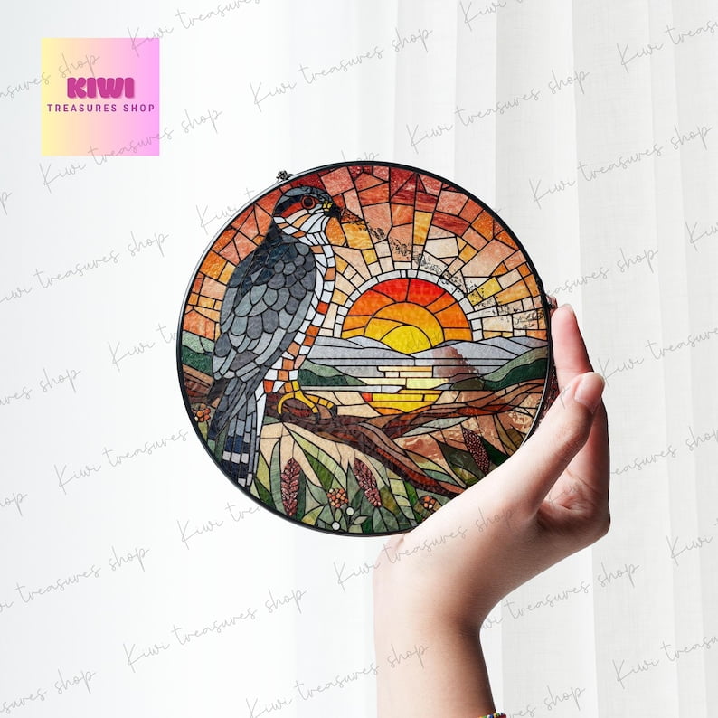 Cooper's Hawk on branch GLASS Window Hanging, Sunset landscape, Bird ...