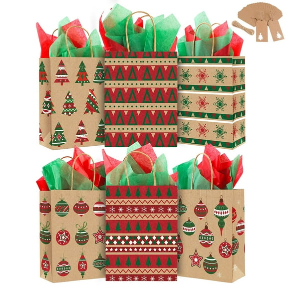 Cooraby 12 Pack Christmas Paper Gift Bags with Handle Xmas Kraft Paper ...
