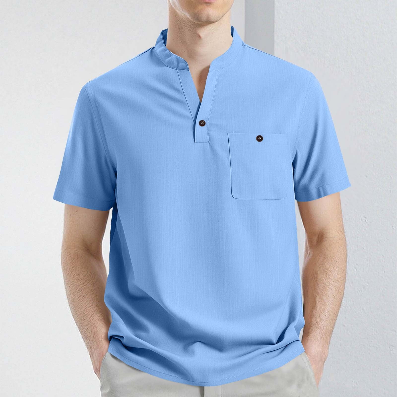 Coorders Men's Button Stand Collar Blouse Top with Pocket, Casual Short ...