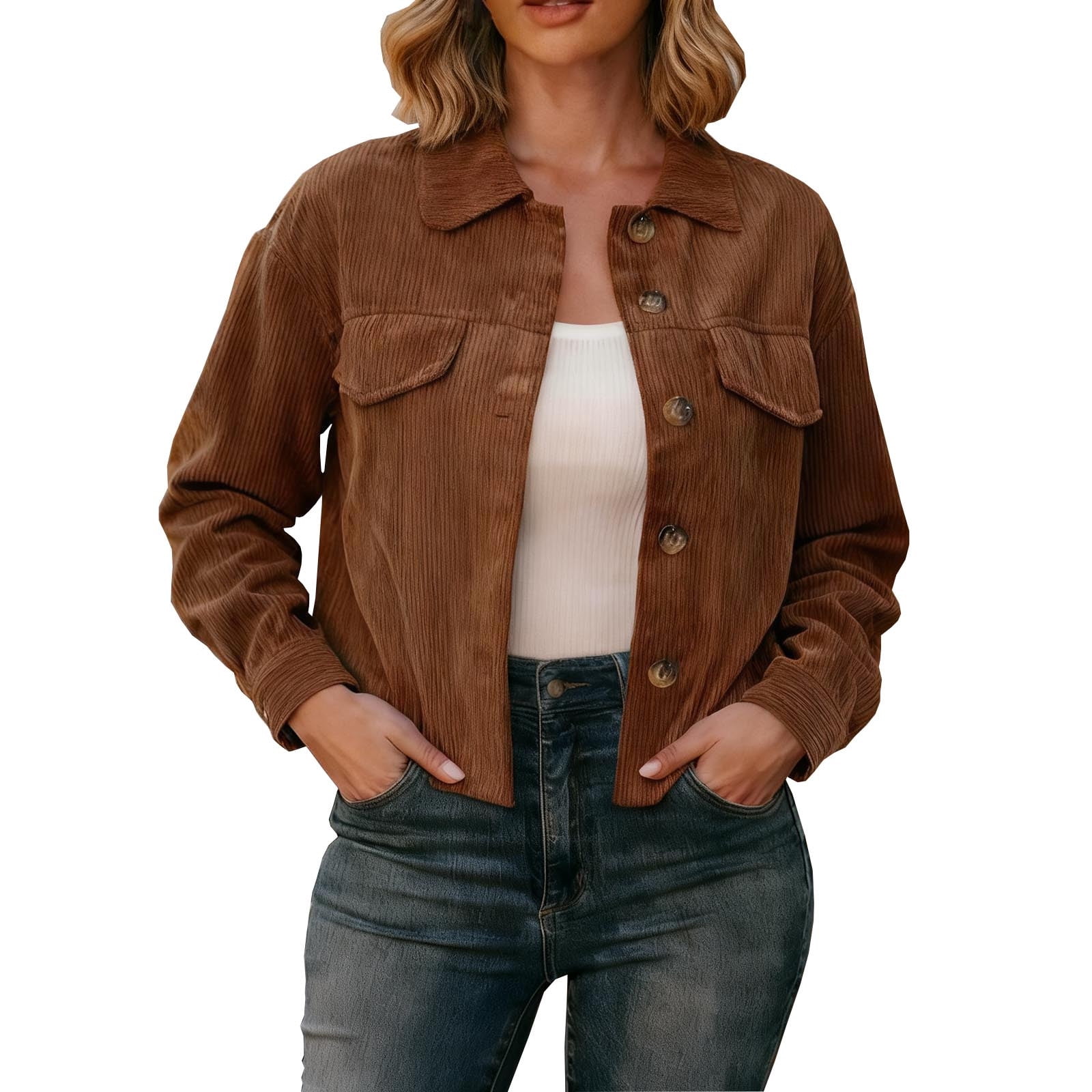 Coorders Women's Corduroy Cropped Jacket with Pockets, Lightweight ...