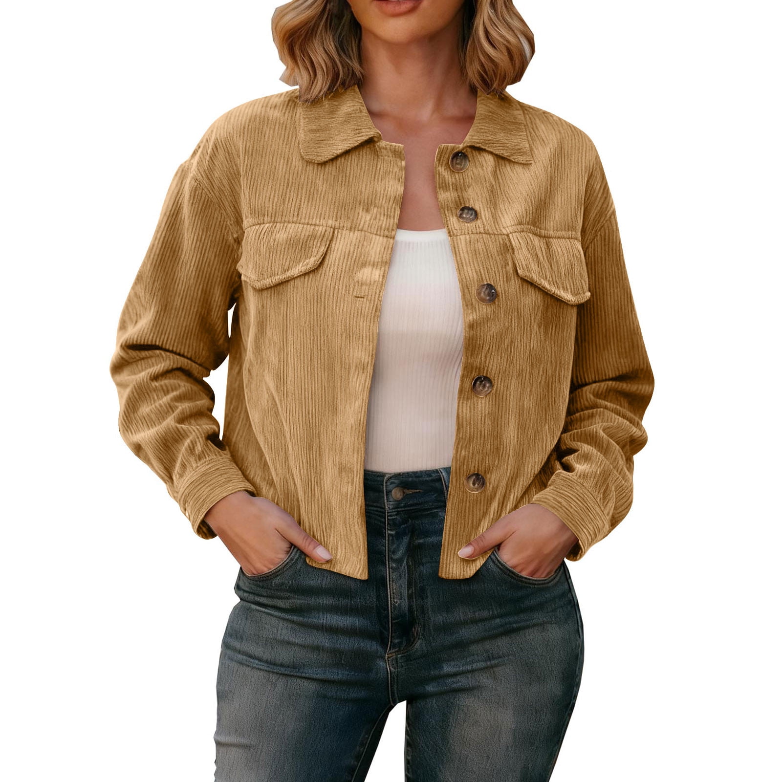 Coorders Women's Corduroy Cropped Jacket with Pockets, Lightweight ...