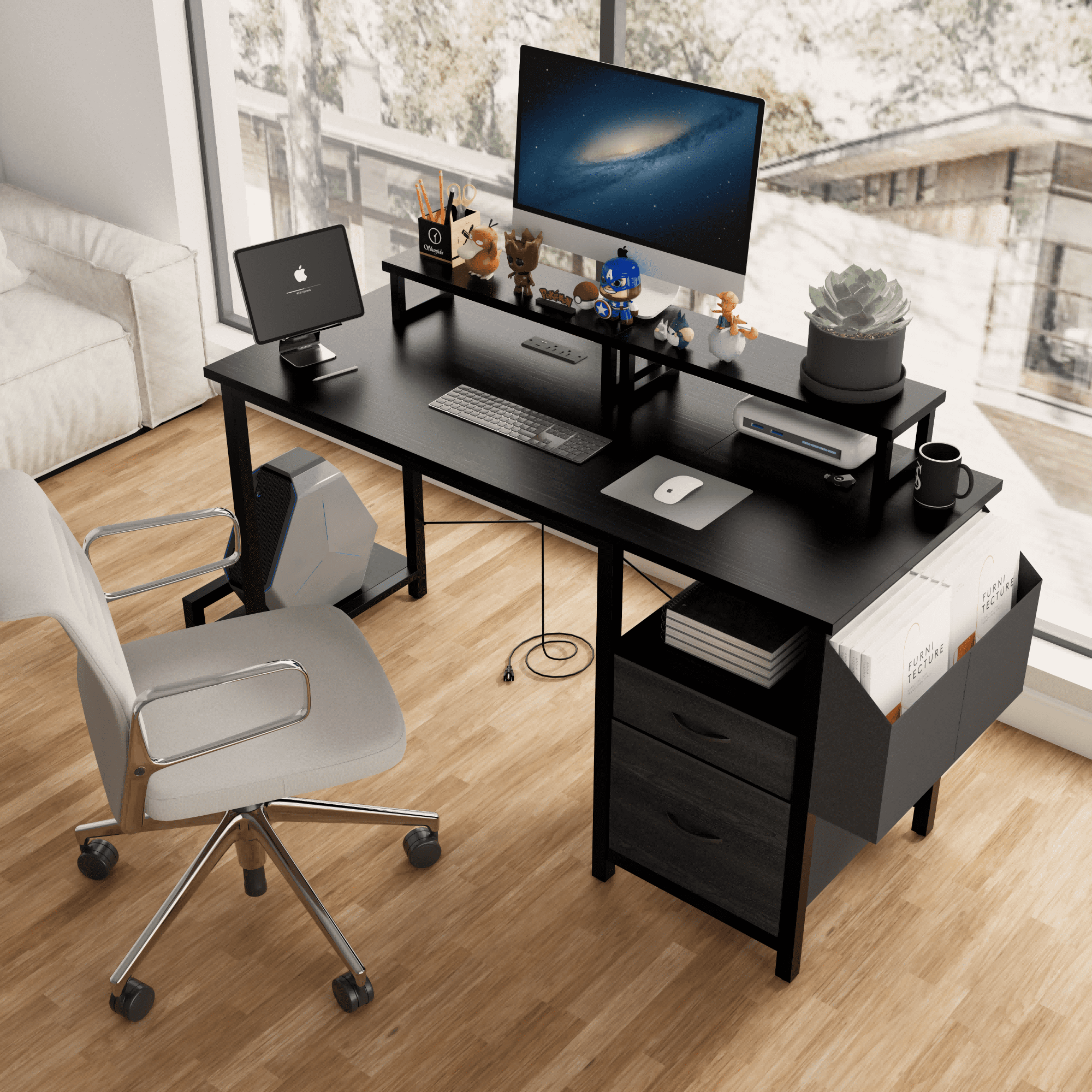 Coowa 47.3" Office Desk with Power Outlet, Monitor Stands, Storage ...