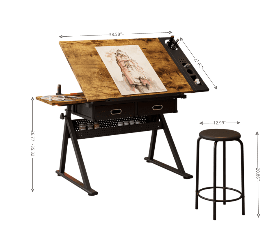 Coowa Black Adjustable Drafting Table with Stool, Tilted Drawing Desk ...