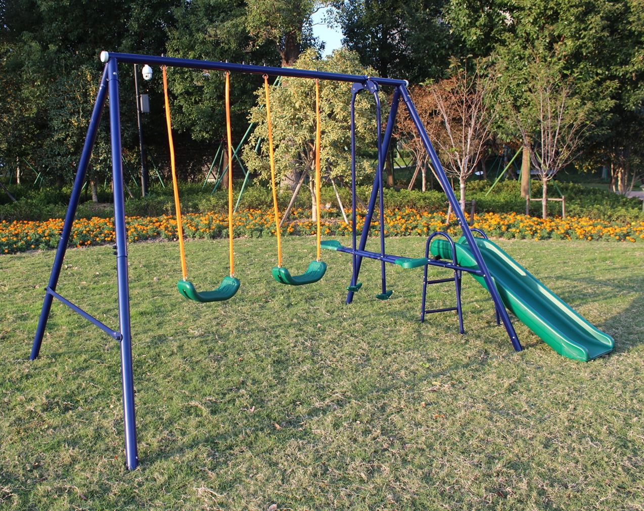 Coowa Metal A-Frame Swing Set with Slide & 4 Swings, Backyard Playset ...
