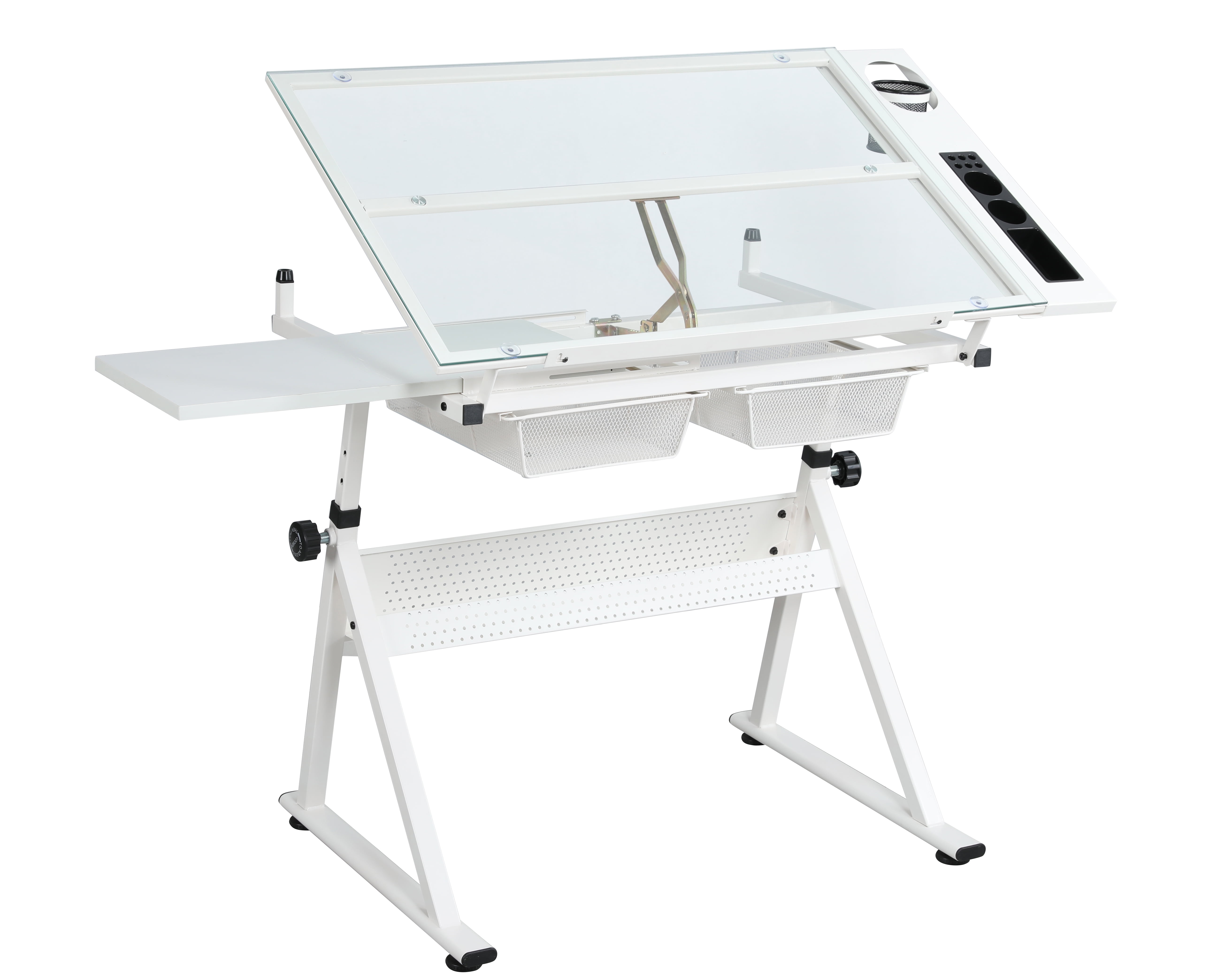 Coowa White Adjustable Tempered Glass Drafting Table with Stool, Art ...