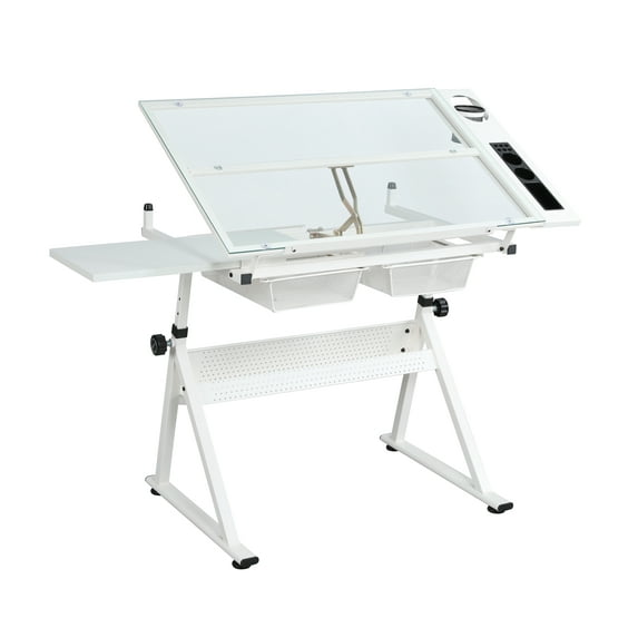 Coowa White Adjustable Tempered Glass Drafting Table with Stool, Art ...