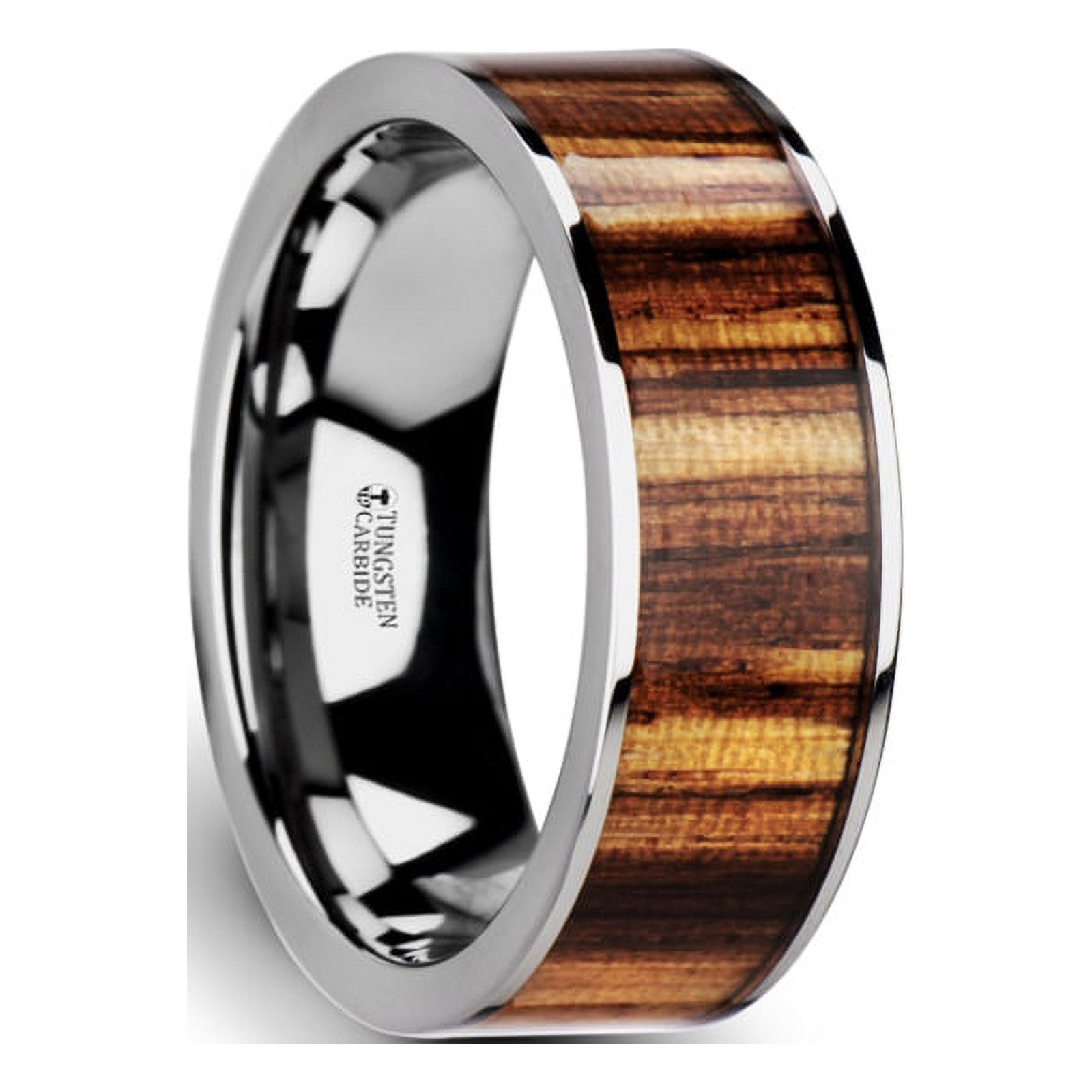 Copan Flat Tungsten Carbide Ring With Polished Edges Real Zebra Wood ...