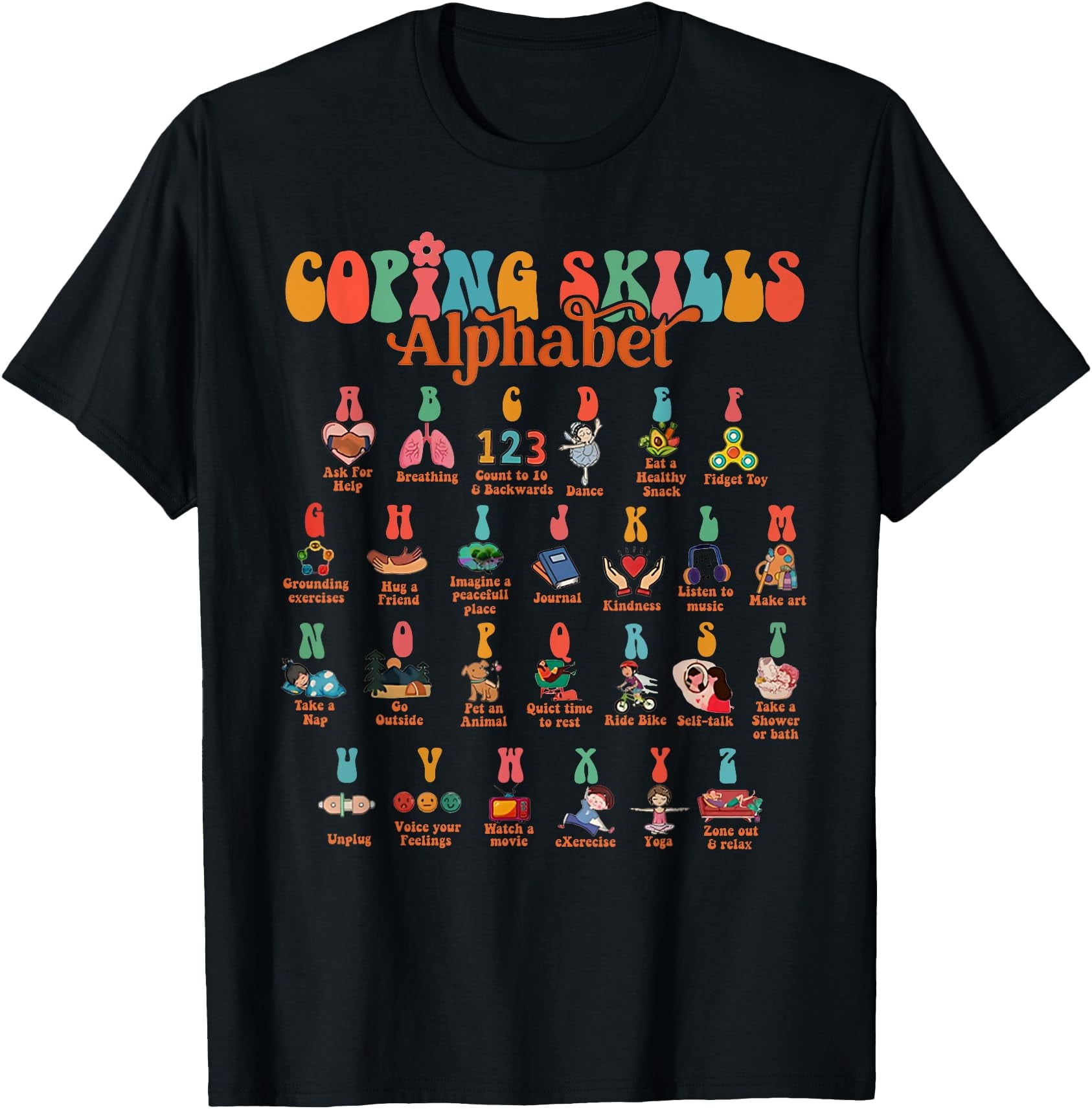 Coping Skills Alphabet Mental Health Awareness Self Care Tee T-Shirt ...