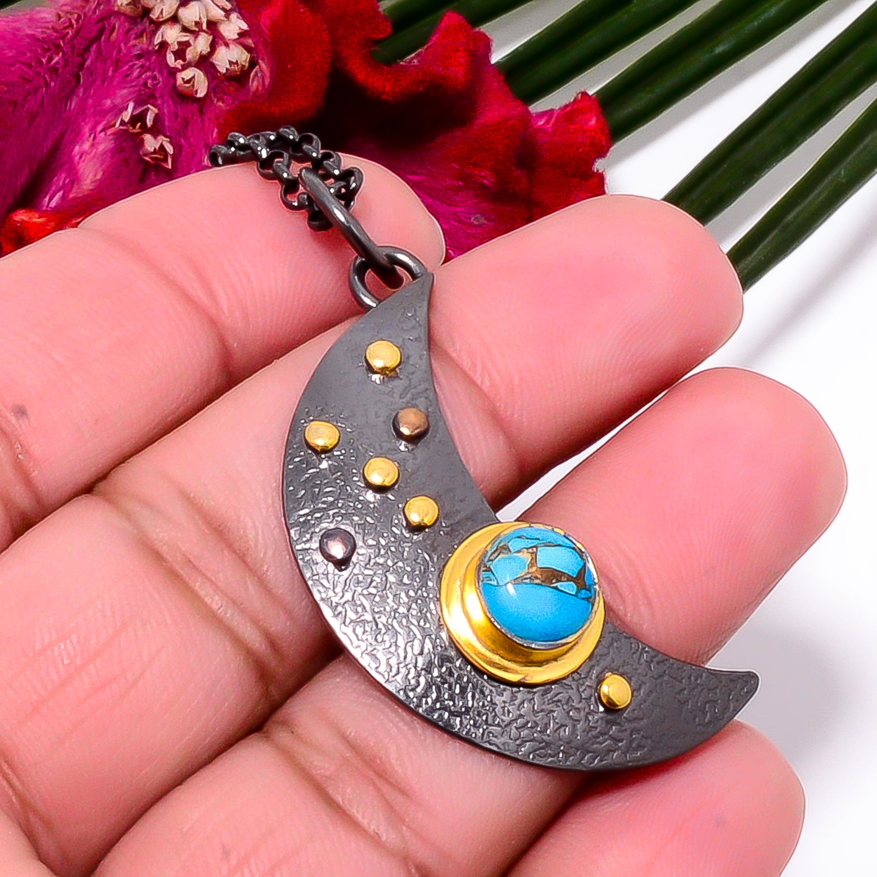 Copper Blue Turquoise Crescent Moon Black And Gold Rhodium 925 Sterling ...