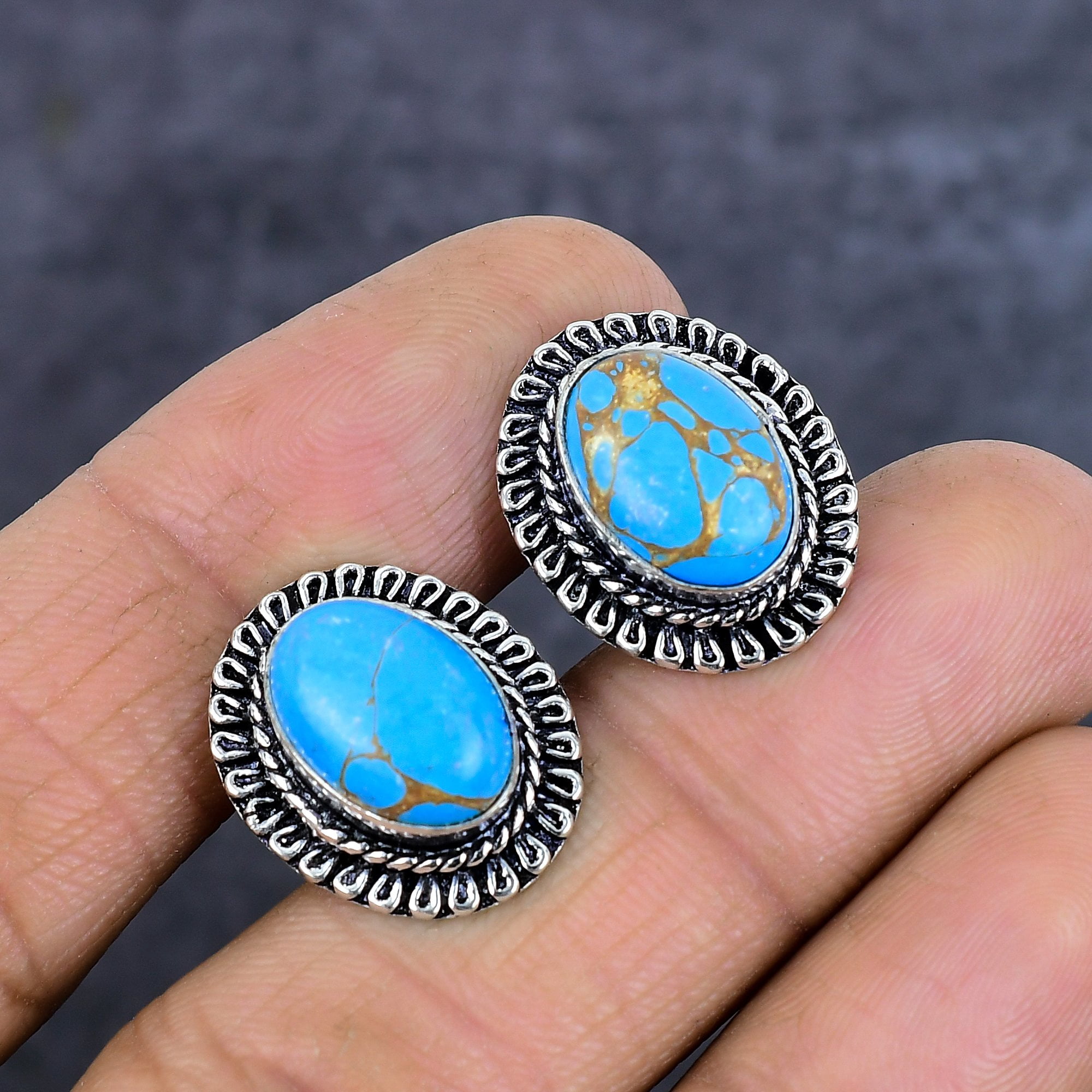 Copper Blue Turquoise Gemstone Handmade 925 Sterling Silver Cufflinks ...