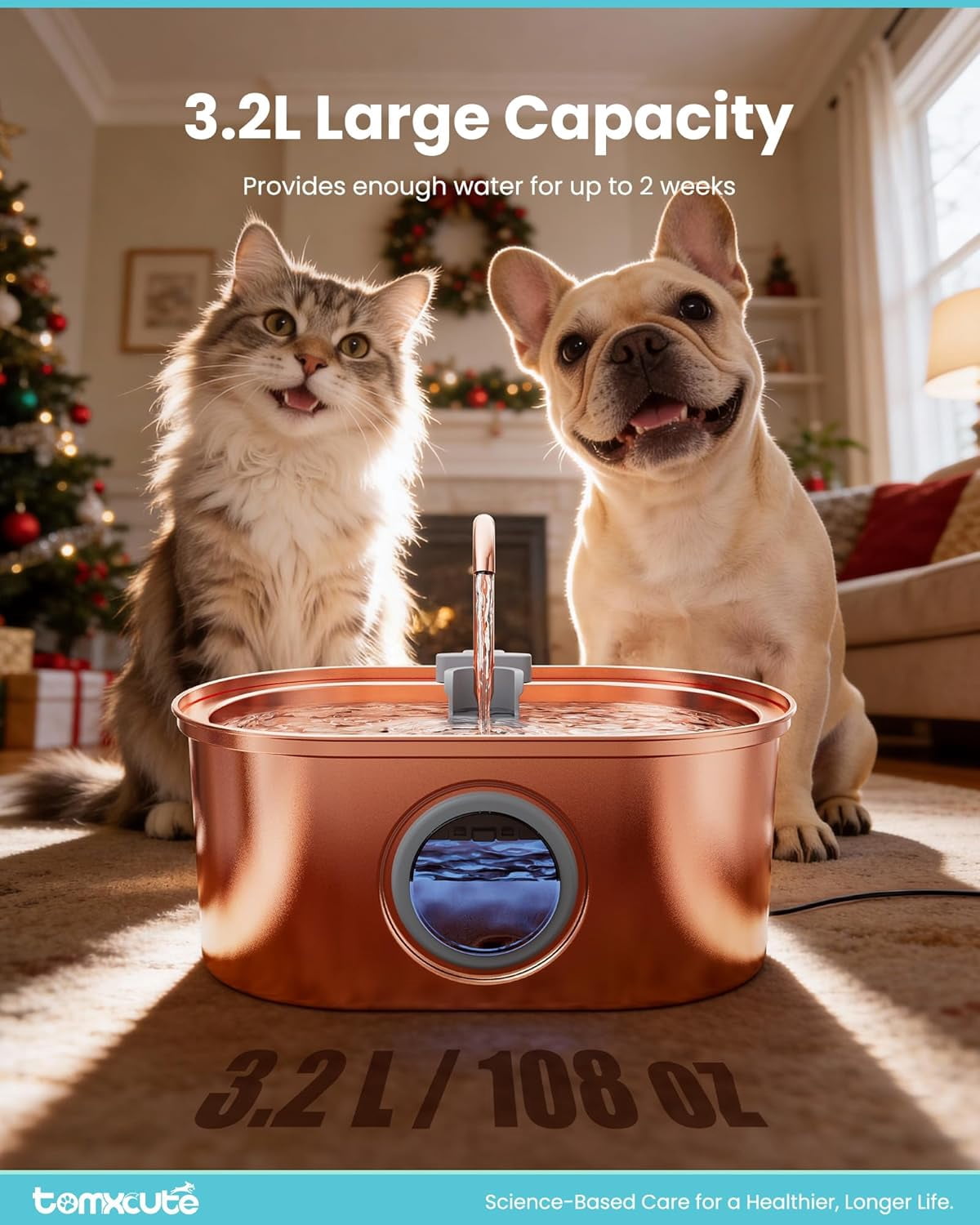 Copper Cat Water Fountain - 3.2L/108oz Cat Fountain for Drinking, Quiet ...