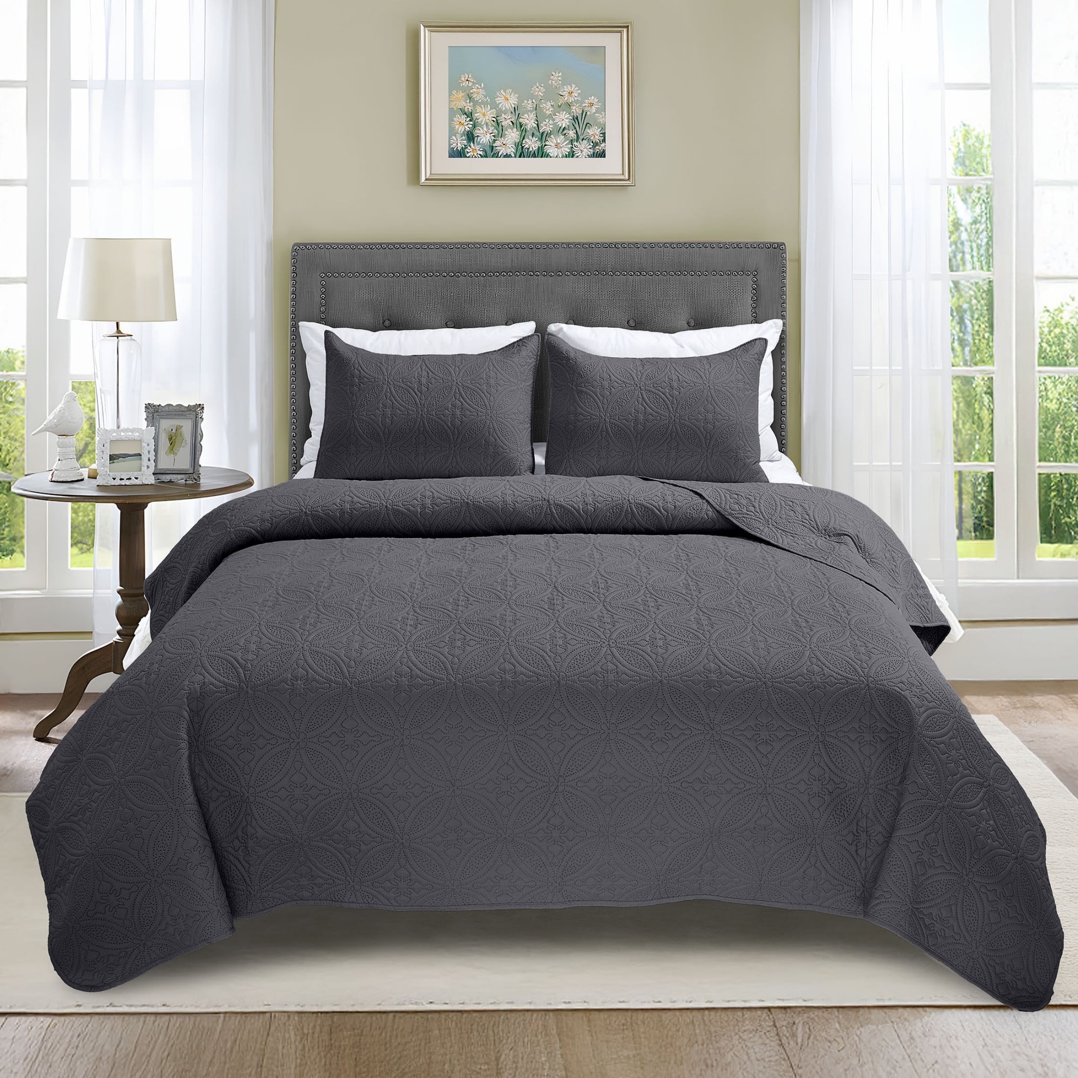 Copper Coin Pattern Quilted Bedspread 2 -Piece Dark Gray Twin/Twin XL ...