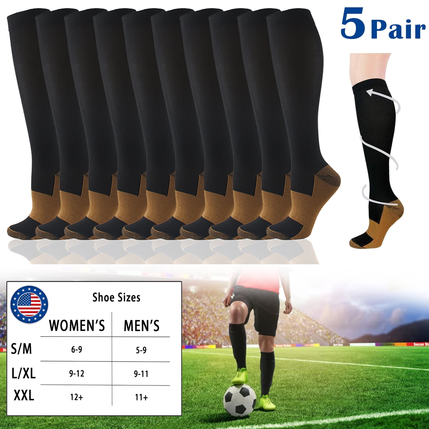 Copper Compression Socks 5 Pairs 20-30mmHg Graduated Support Mens ...
