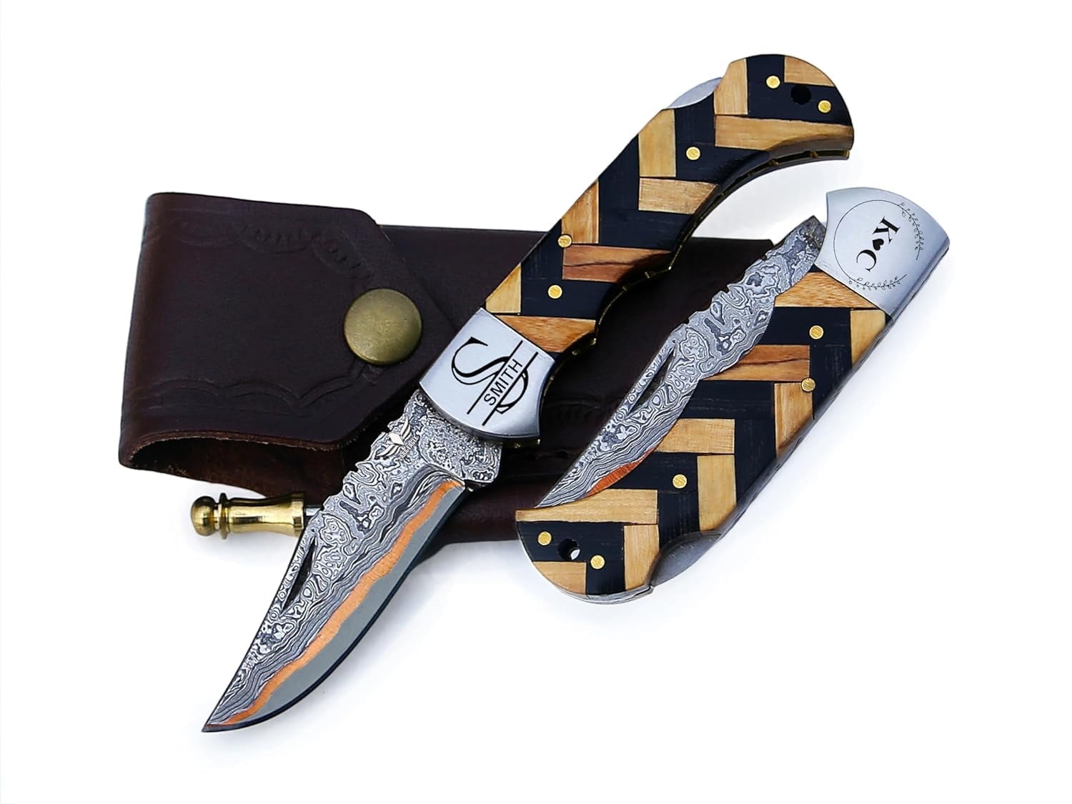 Copper Damascus Pocket Knife – Olive & Black Handle, Folding Tactical ...