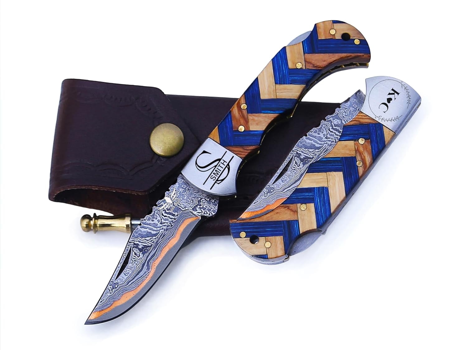 Copper Damascus Pocket Knife – Olive & Blue Handle, Survival Hunting Knife with Leather Sheath ...