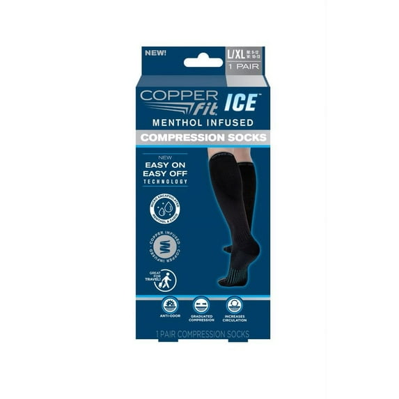 Copper Fit Ice Menthol Infused Compression Socks L/XL Black Nylon ...