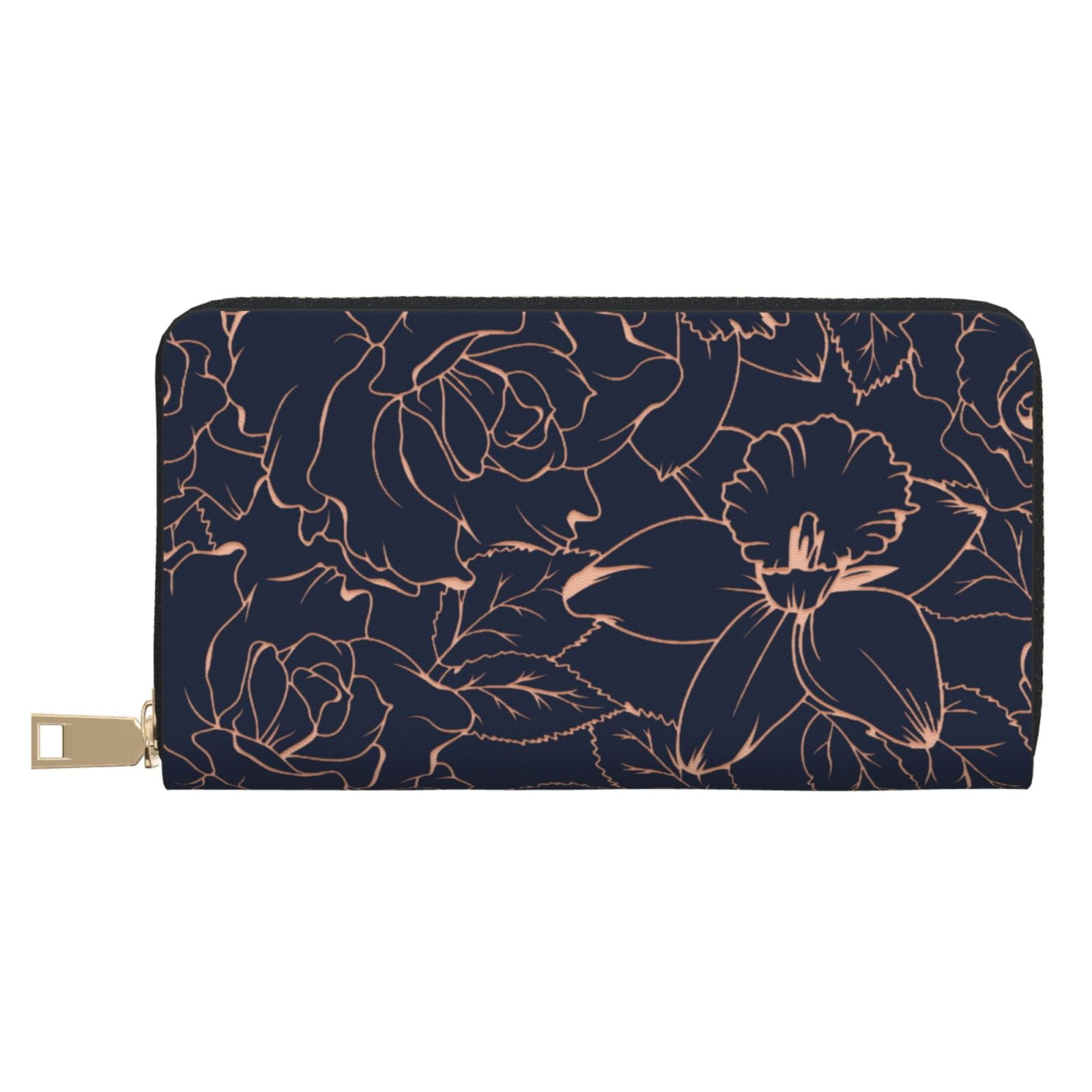 Copper-Gold Gloss Outline Flower Wallet Women, Leather Bifold Multi ...