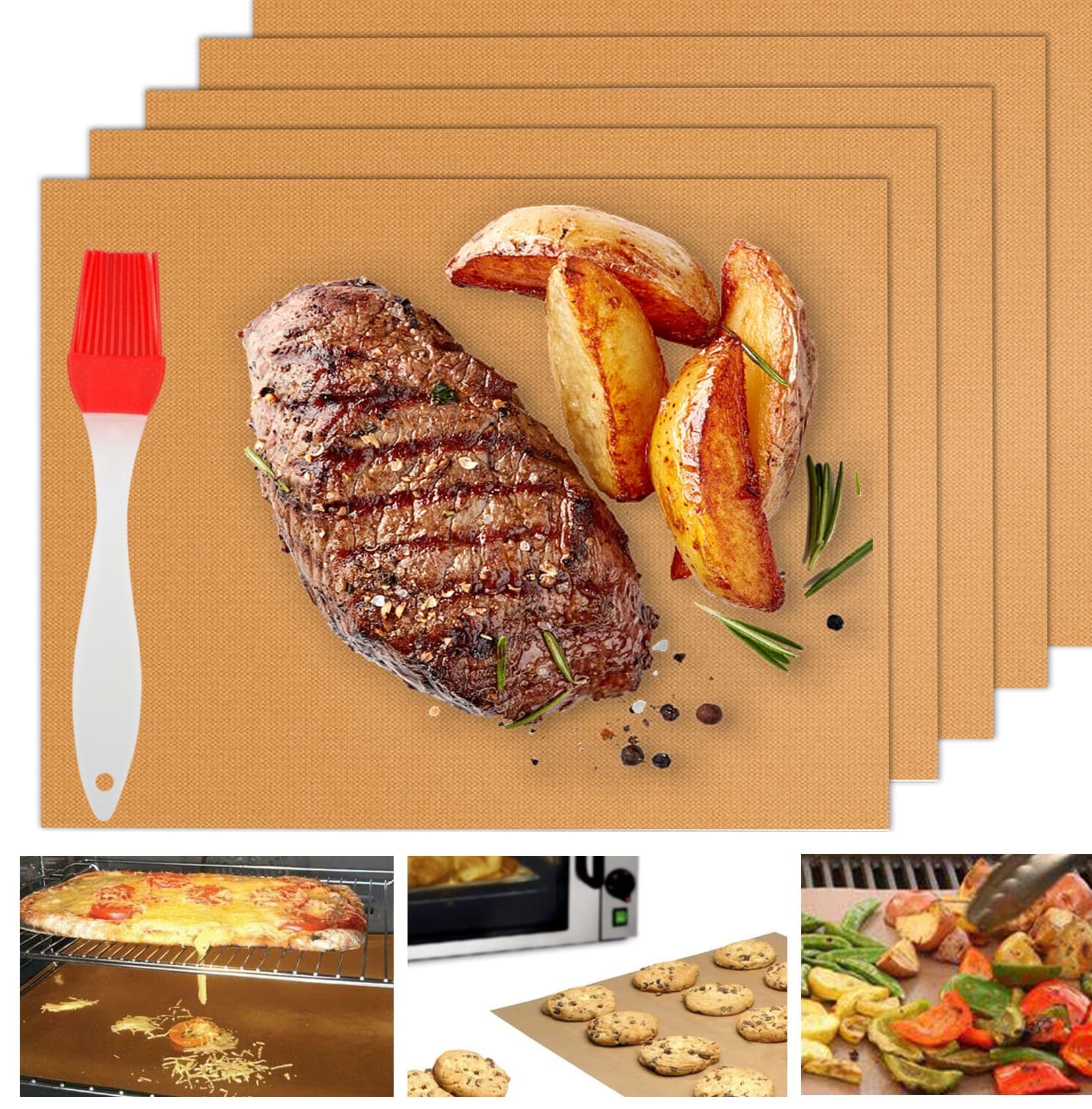 Copper Non-Stick Grill Mats Set of 5, BBQ & Oven Liner, Works for Gas ...