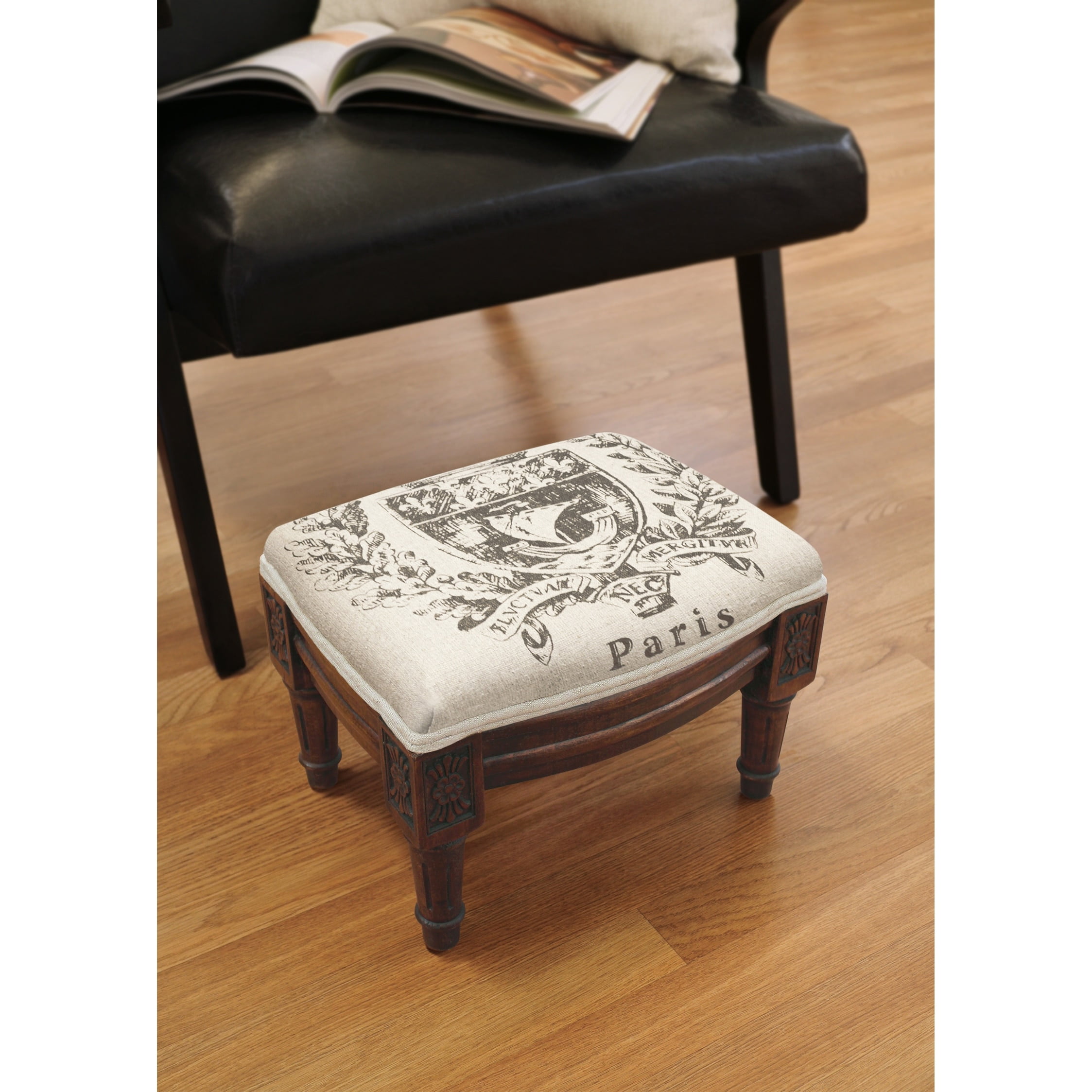 Copper Grove Castletown Paris Crest Upholstered Wood Footstool ...