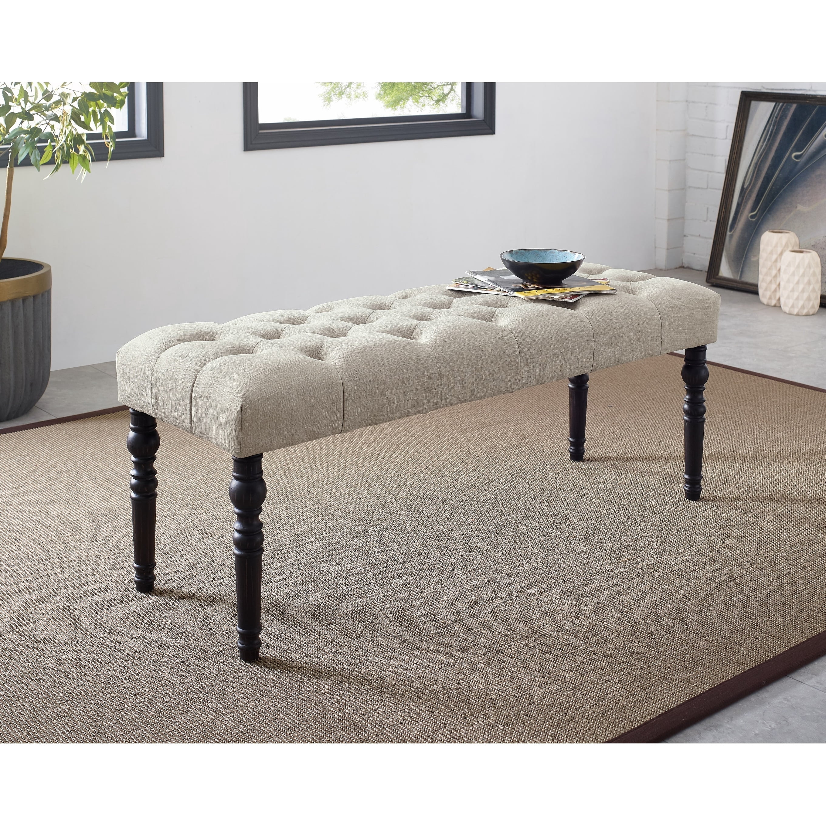 Copper Grove Sens Tufted Tan Fabric Dining Bench with Turned Legs Tan ...