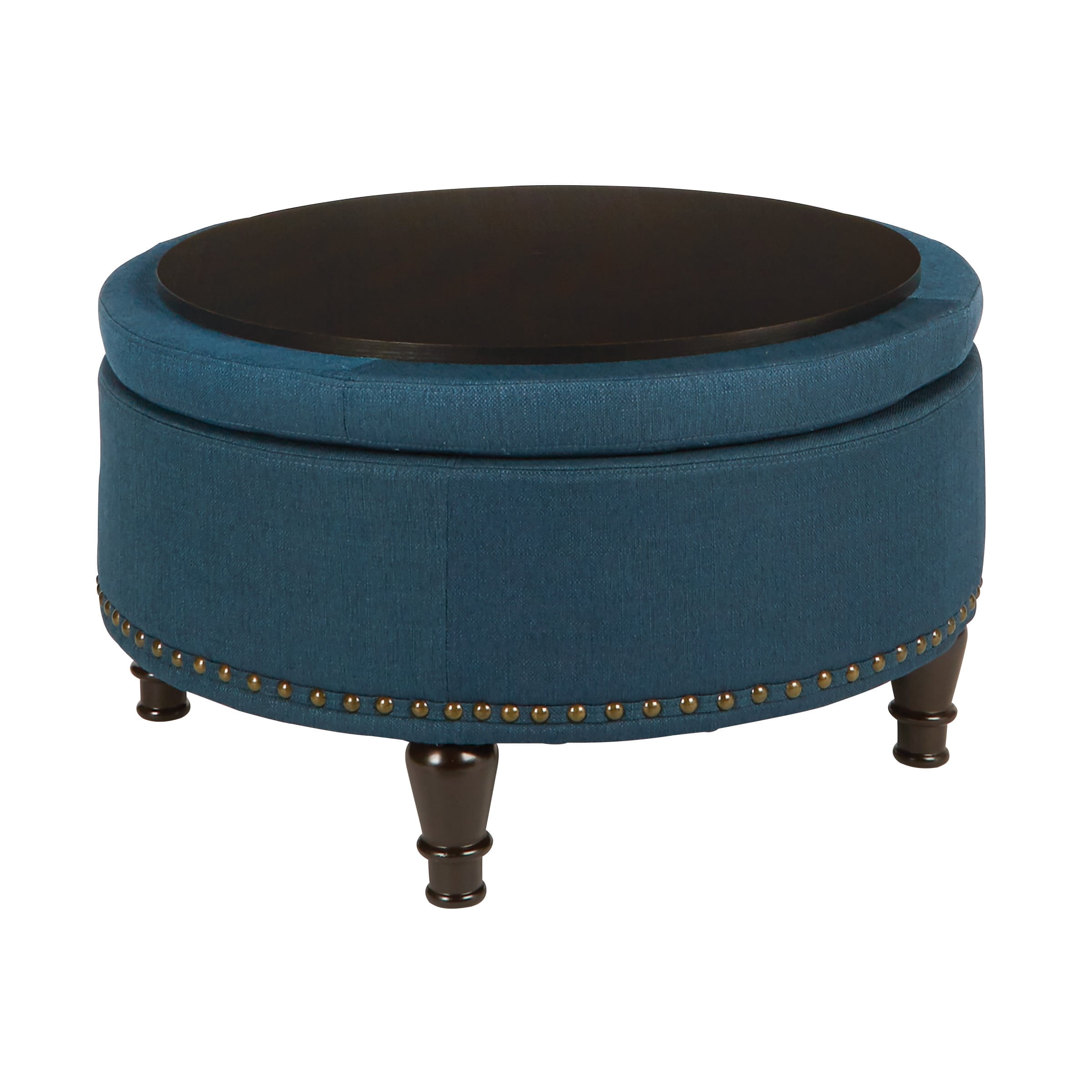 Copper Grove Round Storage Ottoman, Azure Blue Fabric, Solid Wood Legs ...
