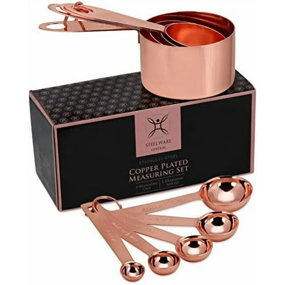Copper Measuring Cups and Spoons Stainless Steel 9 pieces with 2 Rings ...