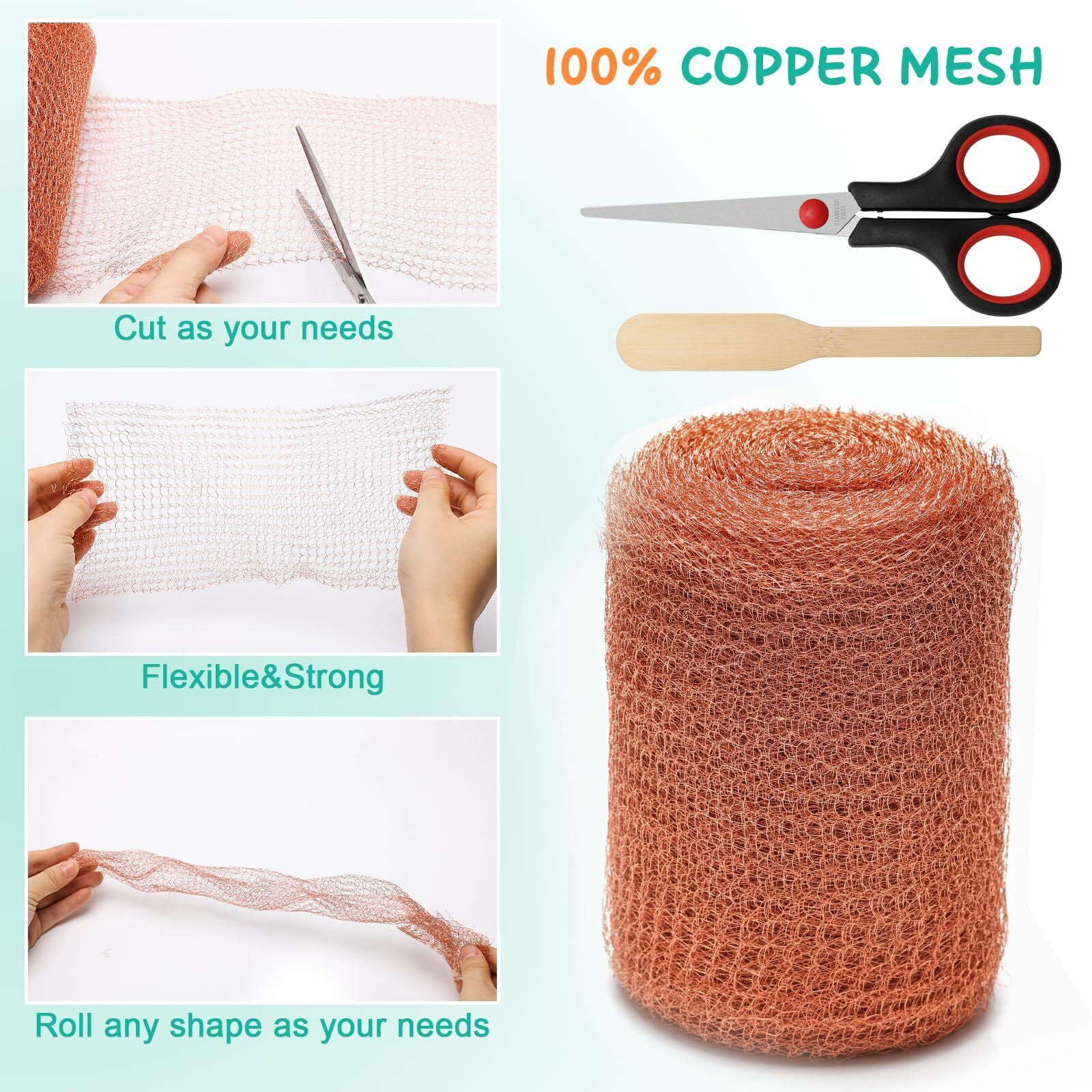 Copper Mesh Rodent Control Kit, 5" x 50ft Defense Copper Mesh Roll with ...