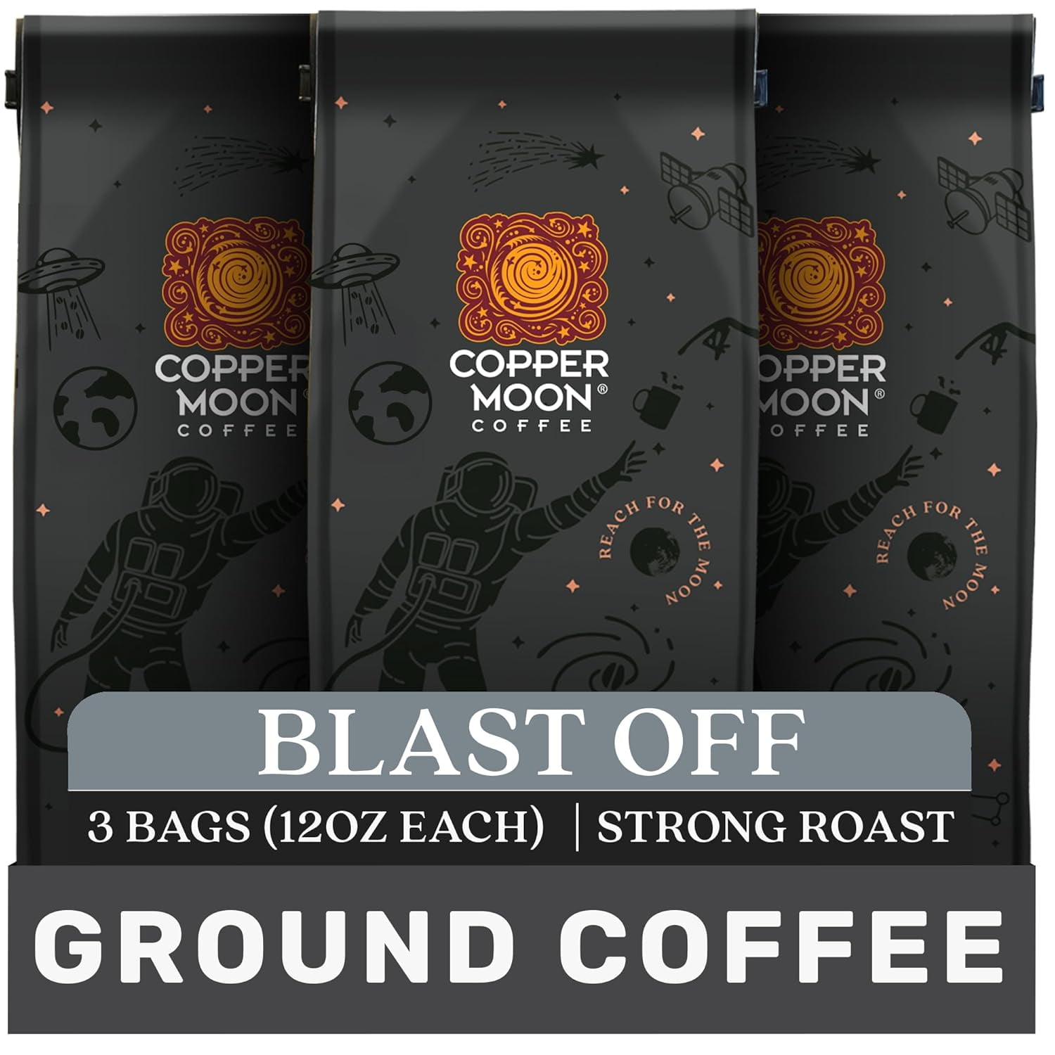 Copper Moon Ground Coffee, High Caffeine Blast Off Blend, Strong Roast ...
