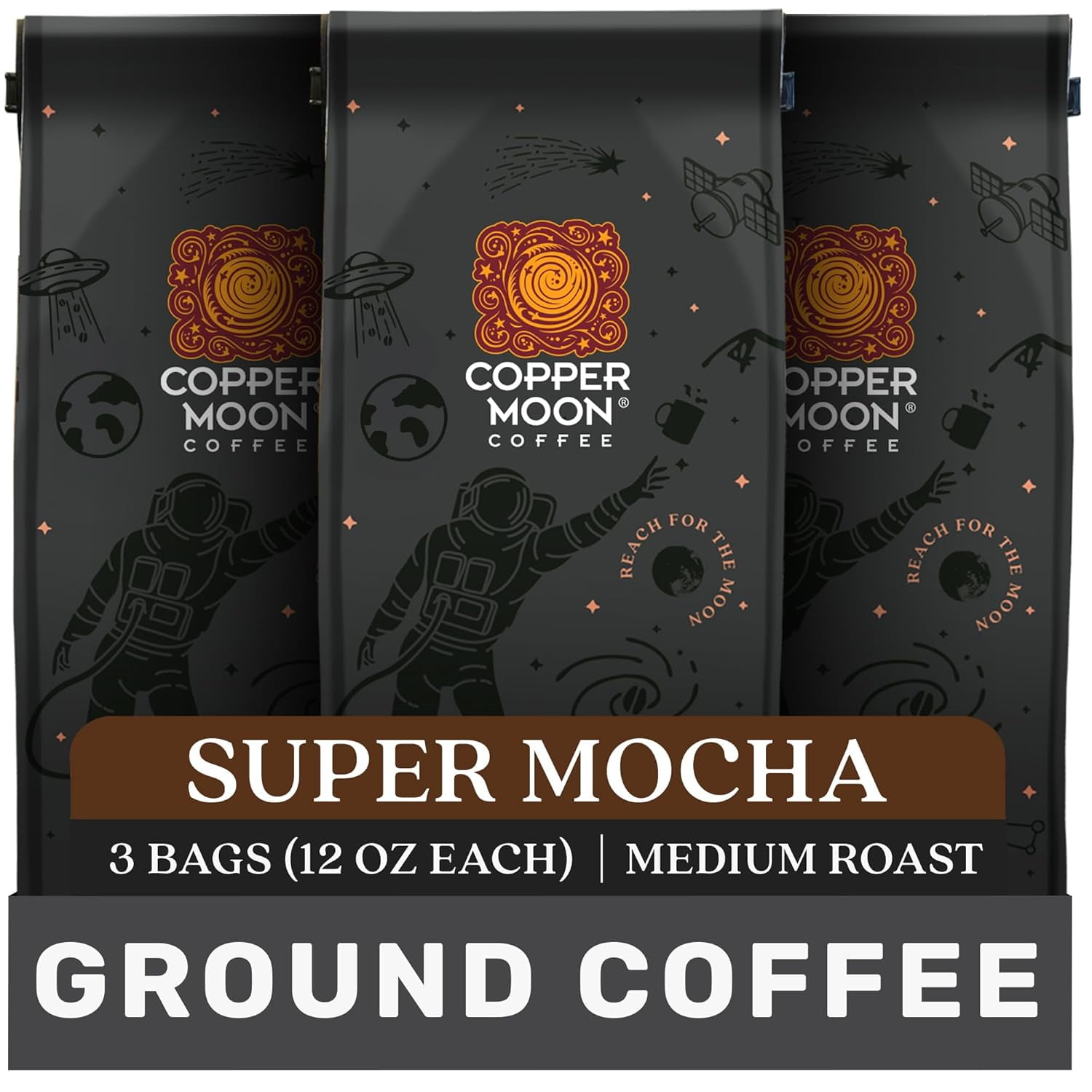 Copper Moon Ground Coffee, Super Mocha Blend, Medium Roast, 3 Bags (12 ...