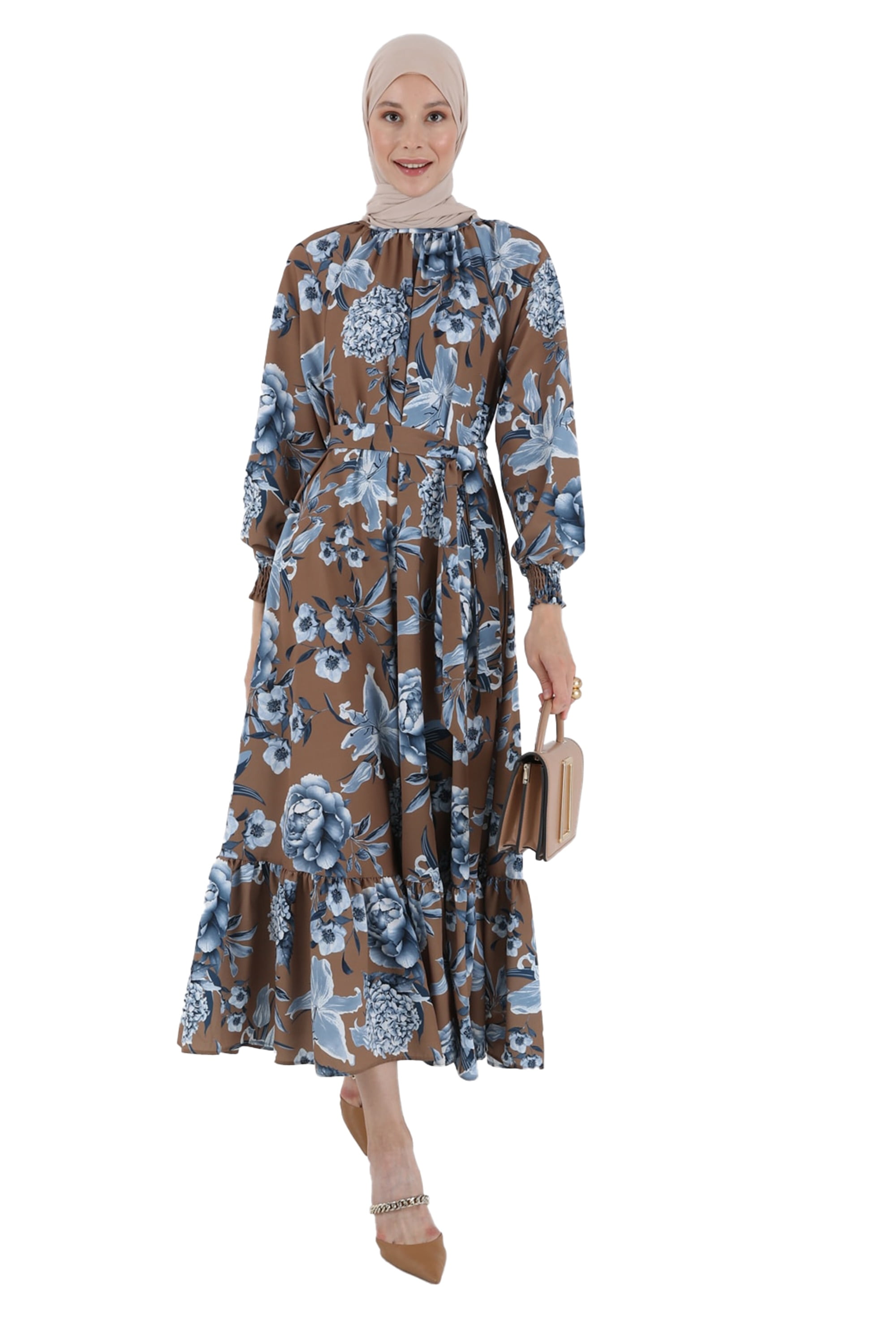 Copper - Multi - Blue - Floral - Crew neck - Unlined - Modest Dress ...
