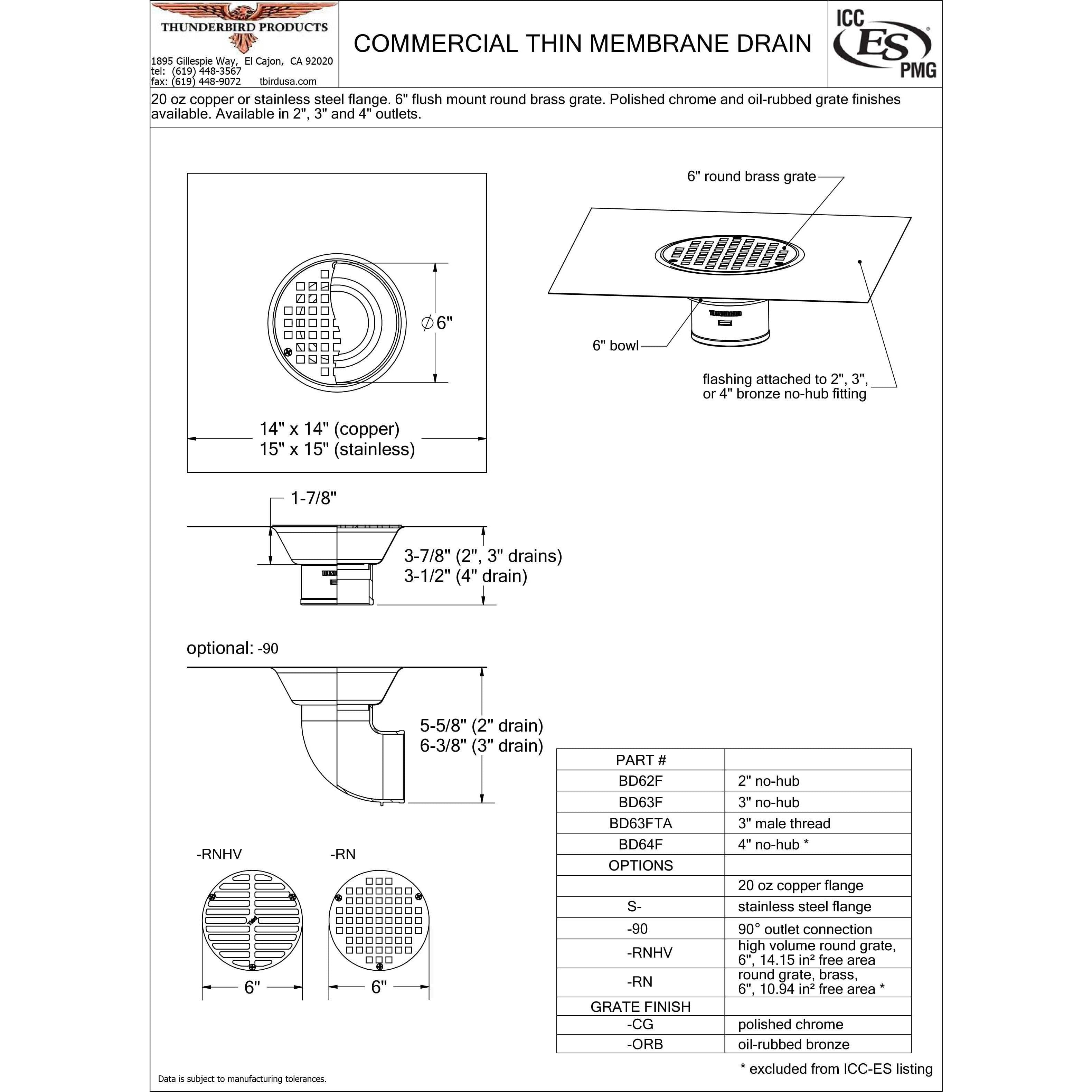 Copper Thin Membrane Commercial Floor Drain Fitting Size: 2" No Hub w ...