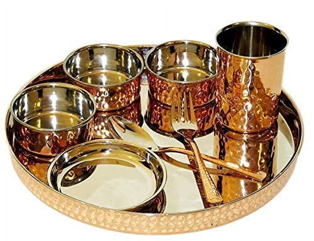 Copper Traditional Dinner Set of Thali Plate, Bowls, Fork, Glass Spoon ...
