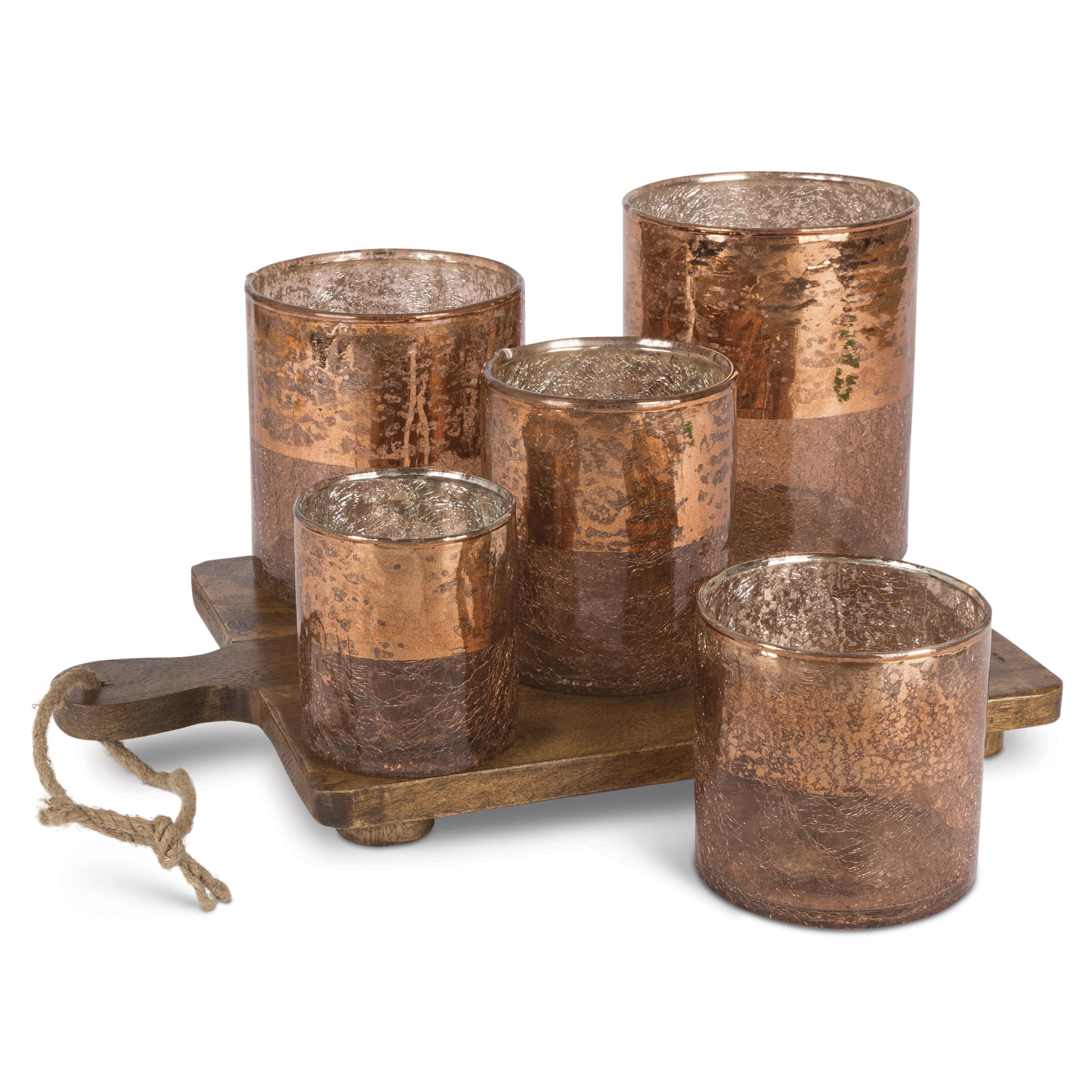 Copper Votive Garden with 5 Crackle Glass Cups on Wooden Chopping Block ...