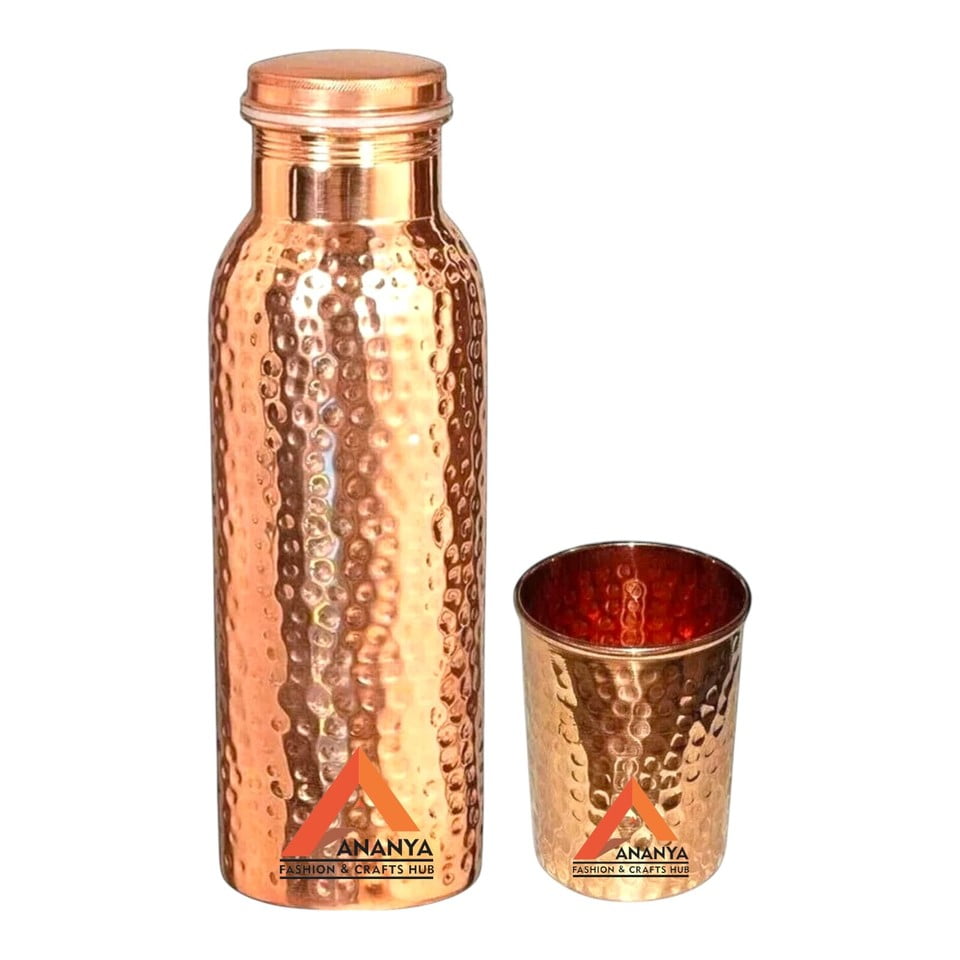Copper Water Bottle (34oz/1000ml) w/Copper Tumbler 300ml Pure Copper Bottle for Drinking Water ...