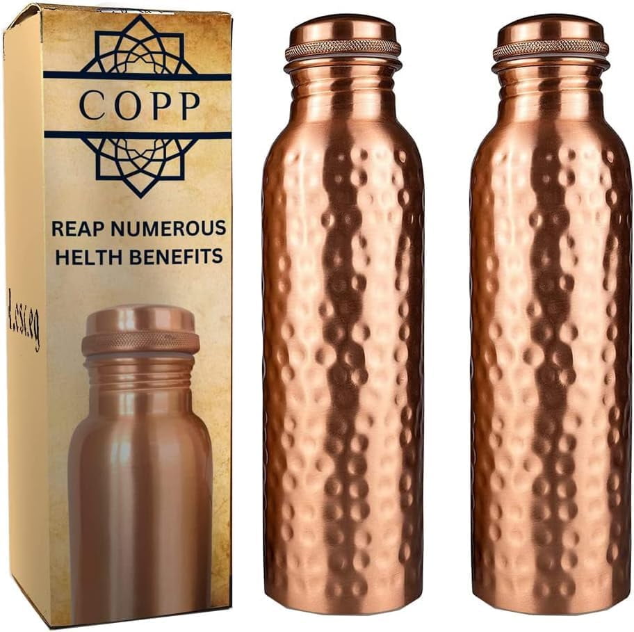 Copper Water Bottle And Glass Extra Large A Hammered Ayurvedic Pure ...