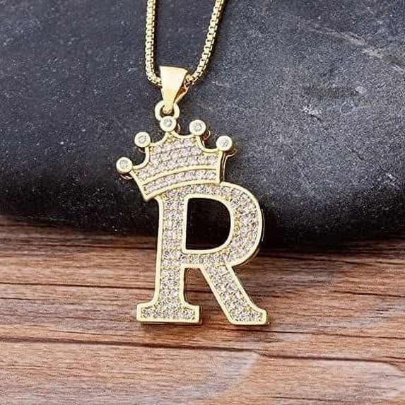 Copper Zircon A-Z Crown Alphabet Pendant Chain Necklace Hip-Hop Style ...