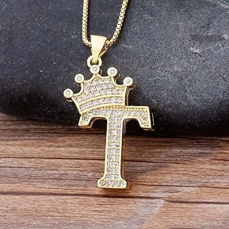 Copper Zircon A-Z Crown Alphabet Pendant Chain Necklace Hip-Hop Style ...