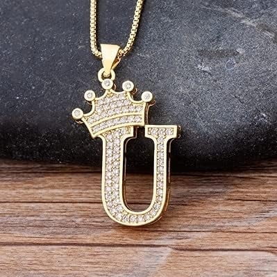 Copper Zircon A-Z Crown Alphabet Pendant Chain Necklace Hip-Hop Style ...
