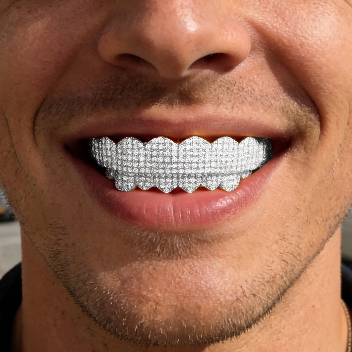 Copper Zirconia Wave Edge Grillz for Men & Women, Silver Tone Iced ...