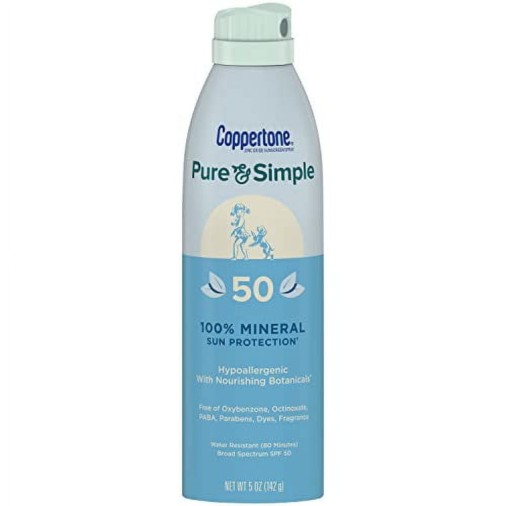 Coppertone Pure and Simple Zinc Oxide Mineral Sunscreen Spray SPF 50, Water Resistant, Broad ...