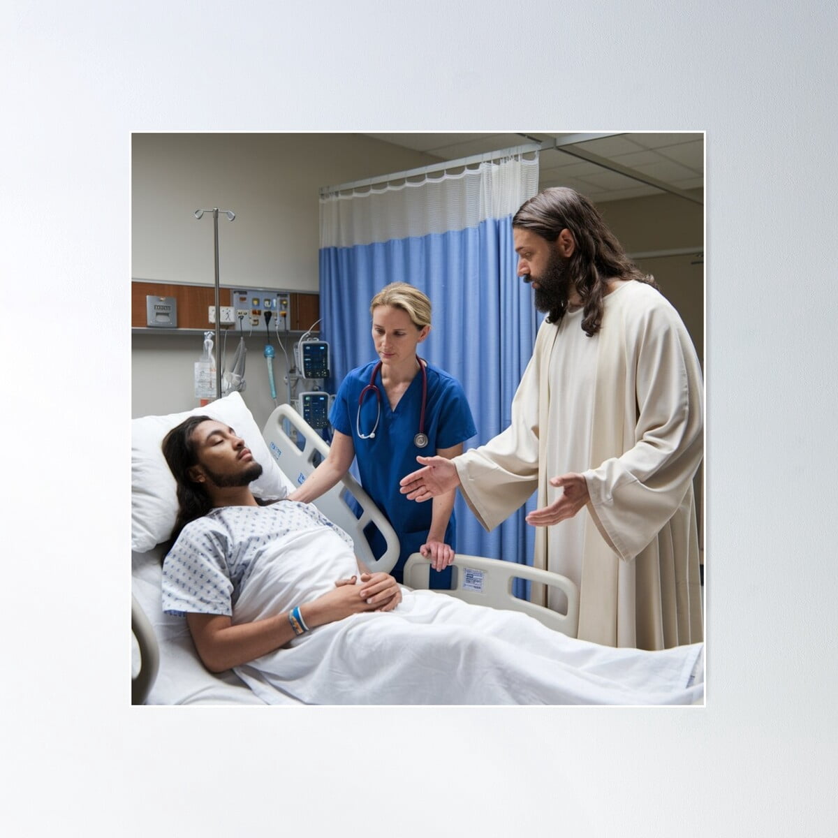 Copy Of Jesus And A Nurse. Nurse Attending To A Sick Person With Jesus ...