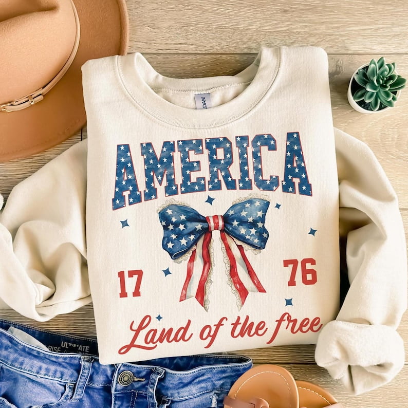 Coquette 4th of July Bow Sweatshirt, Retro Girly USA Pullover, Trendy ...