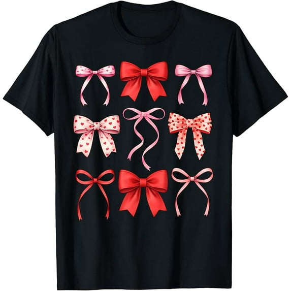 Coquette Aesthetic Red Pink Heart Ribbon Bows for Women Cotton Graphic ...
