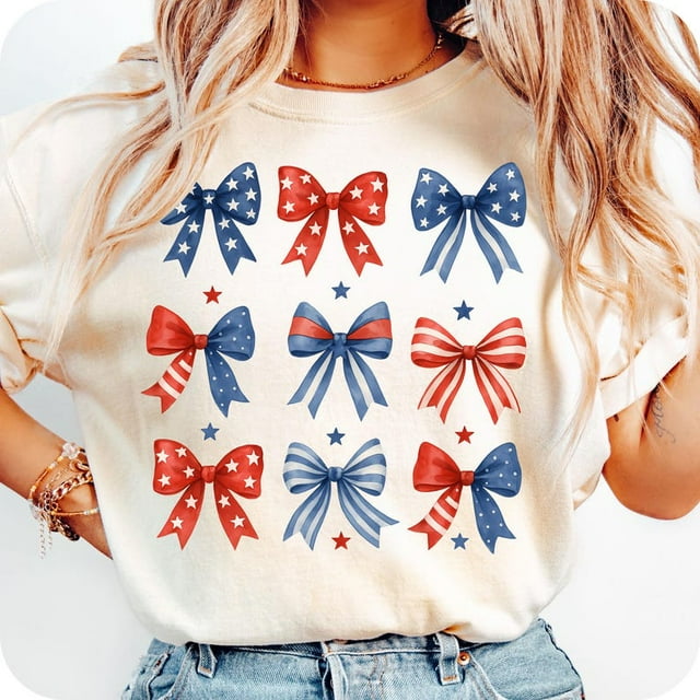 Coquette American Flag T-Shirt – Preppy Patriotic Shirt with Bow and ...