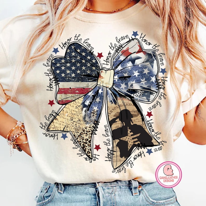 Coquette American T-Shirt, Honor the Brave Tee, Memorial Bow Shirt, 4th of July T-Shirt, Freedom ...
