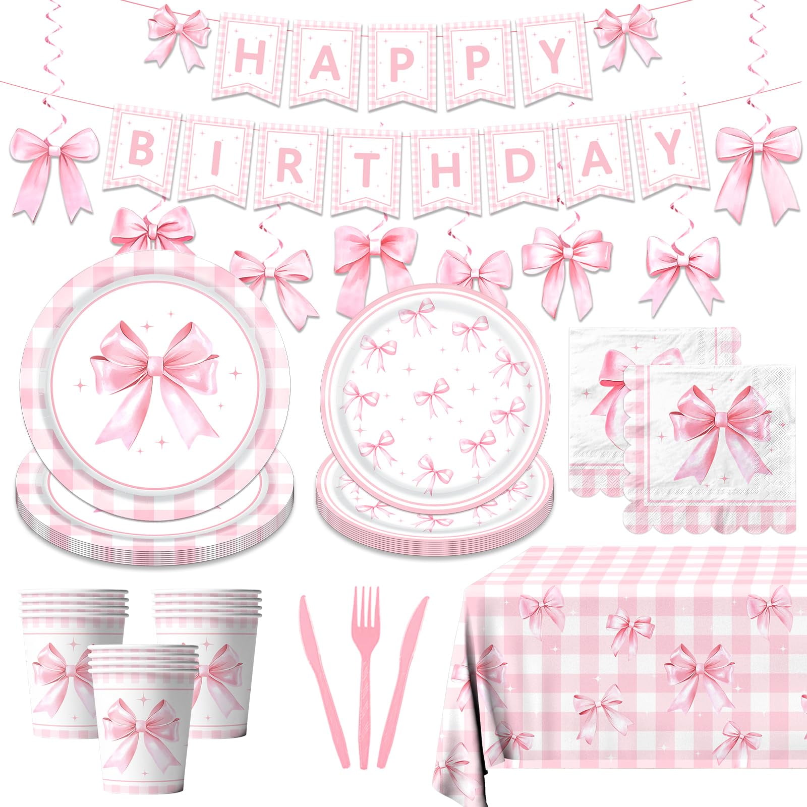Coquette Birthday Decorations-178Pcs Pink Bow Plates AIS1 and Napkins ...